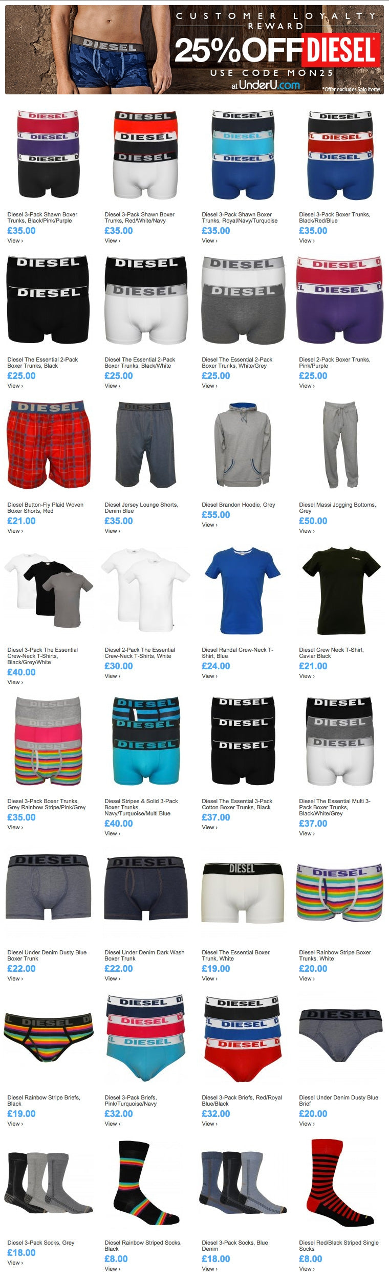 Diesel Underwear sale - 25% off all Diesel orders at UnderU this week