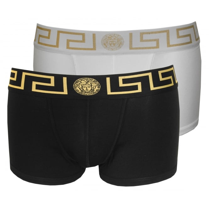 Versace Men's 2-Pack Greca Border Boxer Trunks, Black/White