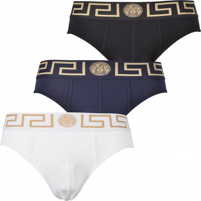 Versace Men's 3-Pack Greca Border Low-Rise Briefs, Black/White/Navy