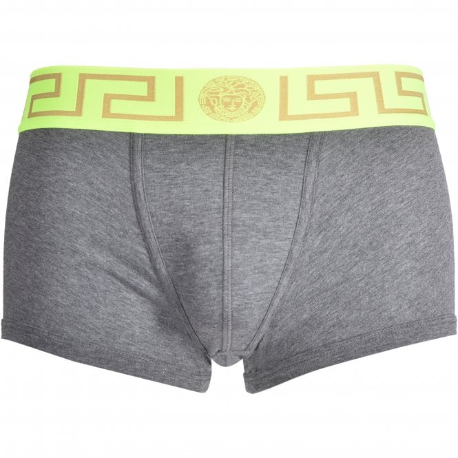 Versace Men's Iconic Low-Rise Boxer Trunk, Grey Melange w/ neon yellow
