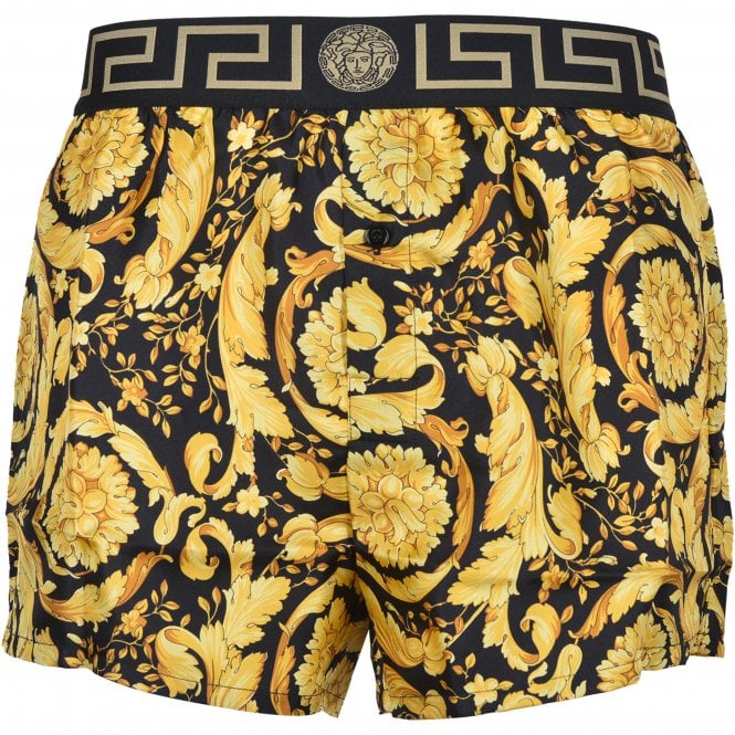 Versace Men's Iconic Barocco Button-Front Silk Boxer Short, Gold/black