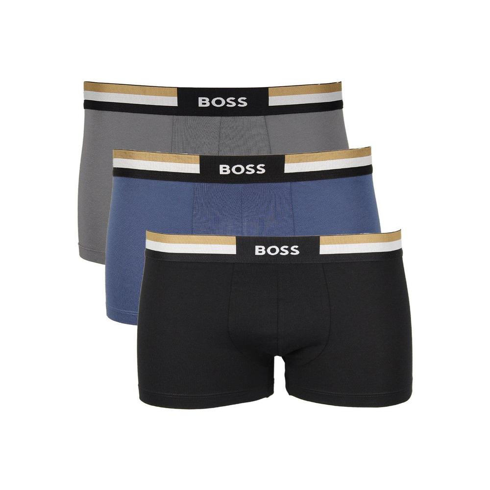 BOSS Men's 3-Pack Signature Waistband Boxer Trunks, Black/Blue/Grey