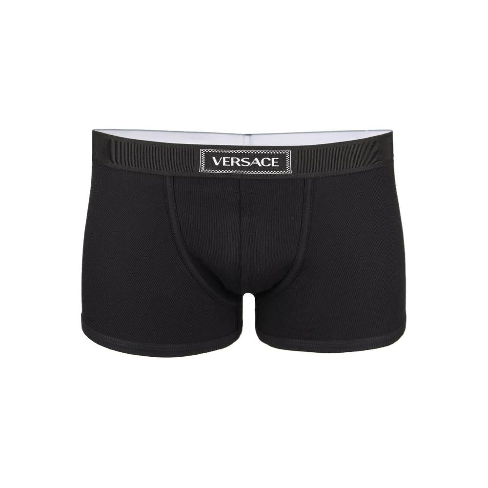Versace Men's 90s Vintage Logo Ribbed Boxer Trunks, Black