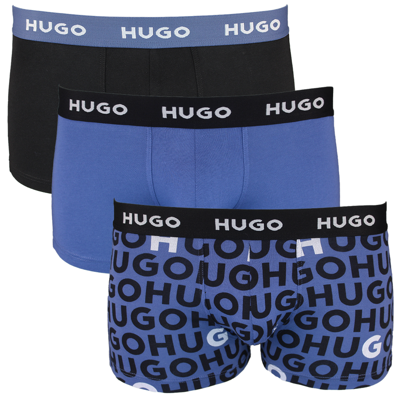 Hugo 3-Pack Design Boxer Trunks, Black, Blue and Logo print