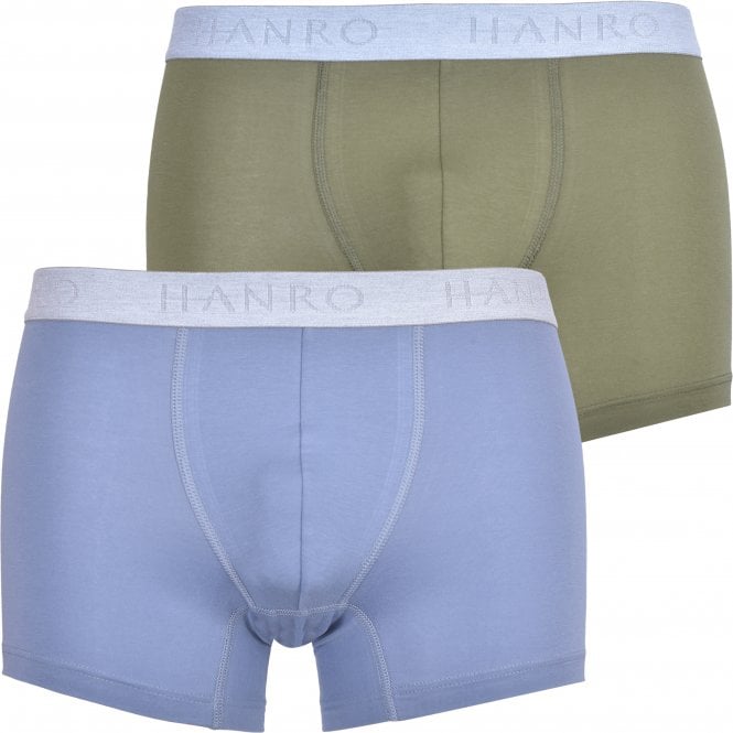 Hanro Men's Cotton Essentials 2-Pack Boxer Trunks, Blue/Khaki